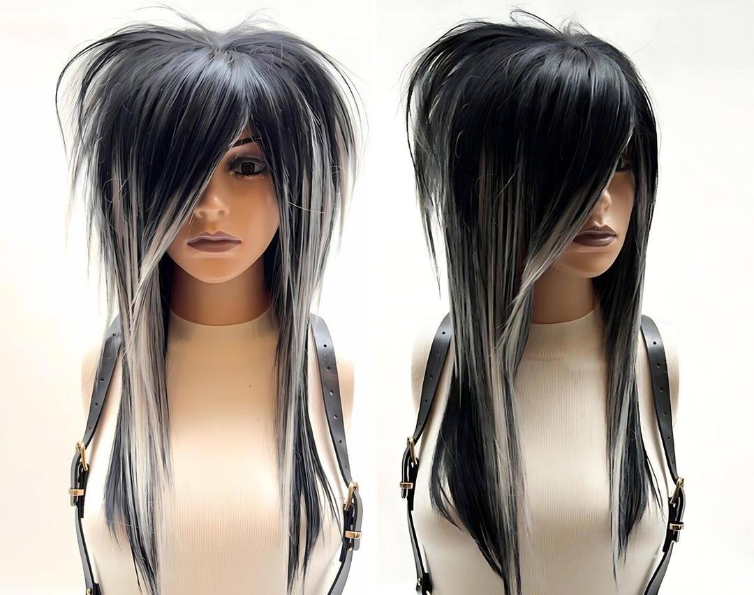 Scene Wig Styled Side Bangs, Black Emo Wig White, Shaggy Wig Layered ...