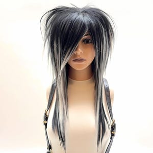 Scene Wig Styled Side Bangs, Black Emo Wig White, Shaggy Wig Layered ...