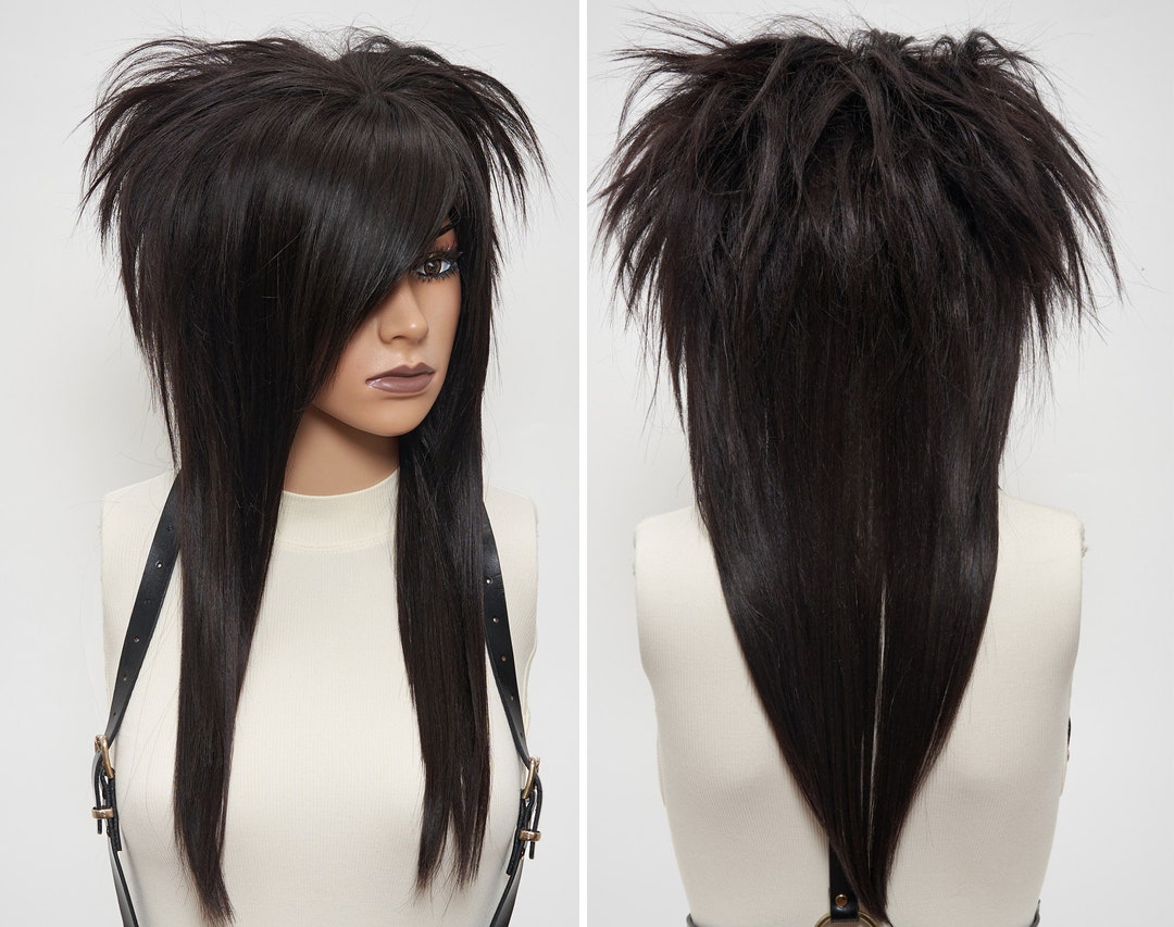 Emo Scene Wig Dark Brown, 360 Beehive Wig Side Part Bang, Long Shag Wig ...
