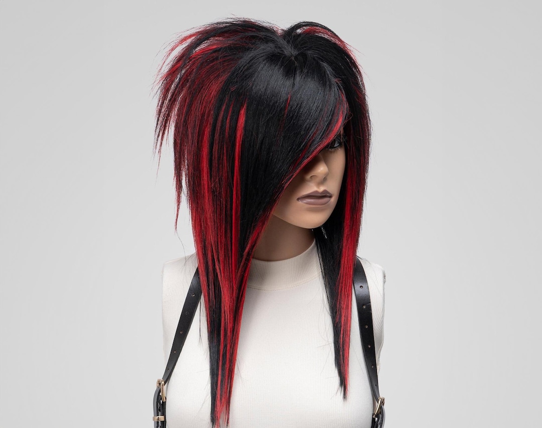 Emo Wig Scene Kid, Black Wig Red, Medium Length Wig Shag, Alternative ...