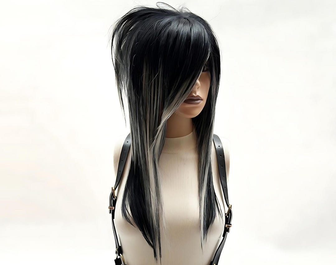 Emo Scene Wig With Bangs Black White, Hairstylist Cut Wig Straight ...