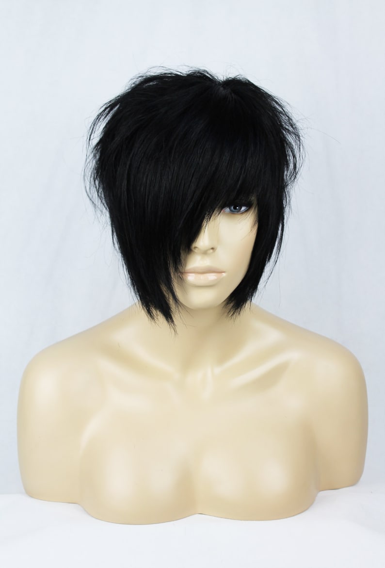 Human Hair Uni Sex Black Emo Wig Etsy