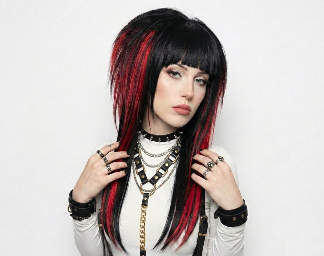 Black and Red Emo Scene Wig – Long Layered Cut With Bangs, 360 Silk Top ...