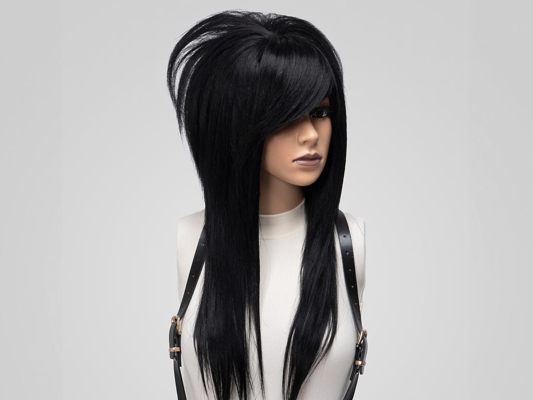 Black Emo Scene Wig With Side Bangs – Long Layered Straight Wig, Styled ...