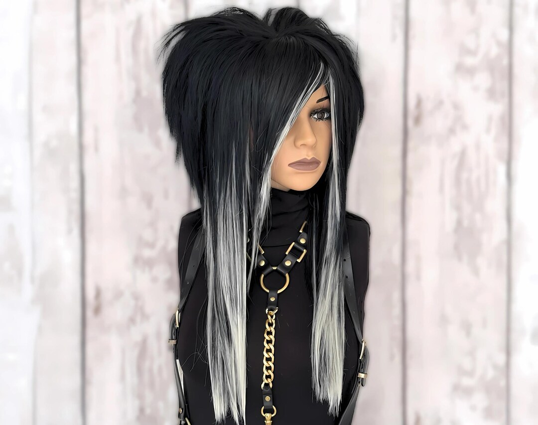 Emo Wig Scene Hair, Black Wig White, Cloud Wig Bat Nest, Shaggy Wig ...