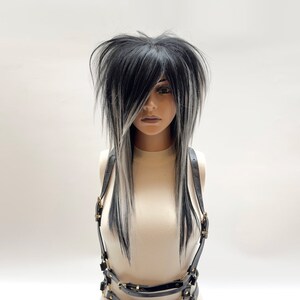 Emo Wig Scene Hair, Jet Black Wig White, Bang Wig Side Part, Shag Wig ...