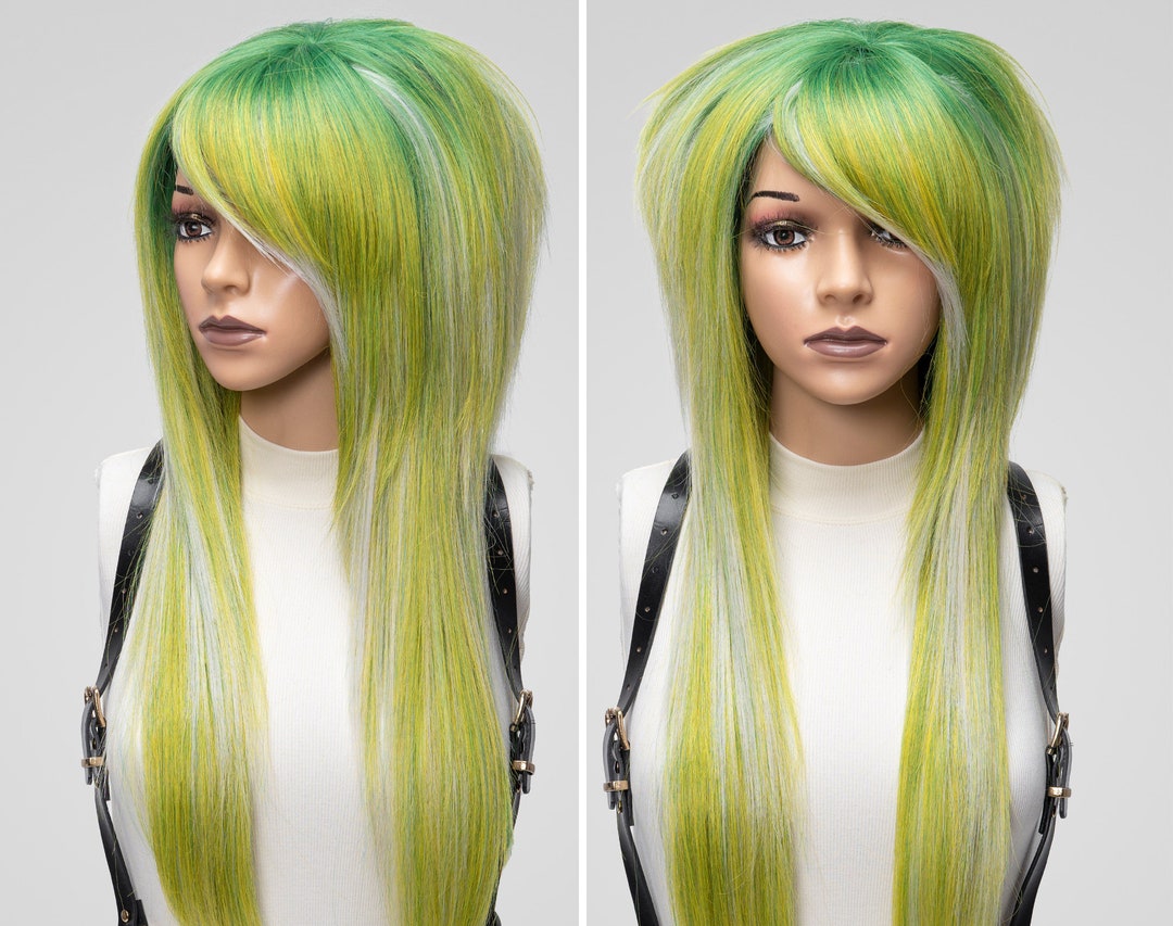 Emo Scene Wig Green Blond, Styled Fashion Wig With Bang, Spiky Beehive ...