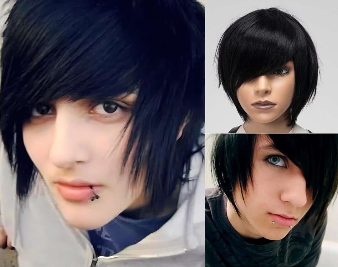 Black Wig Human Hair, Emo Wig Scene Kid, Bob Wig Short, Bang Wig Side ...