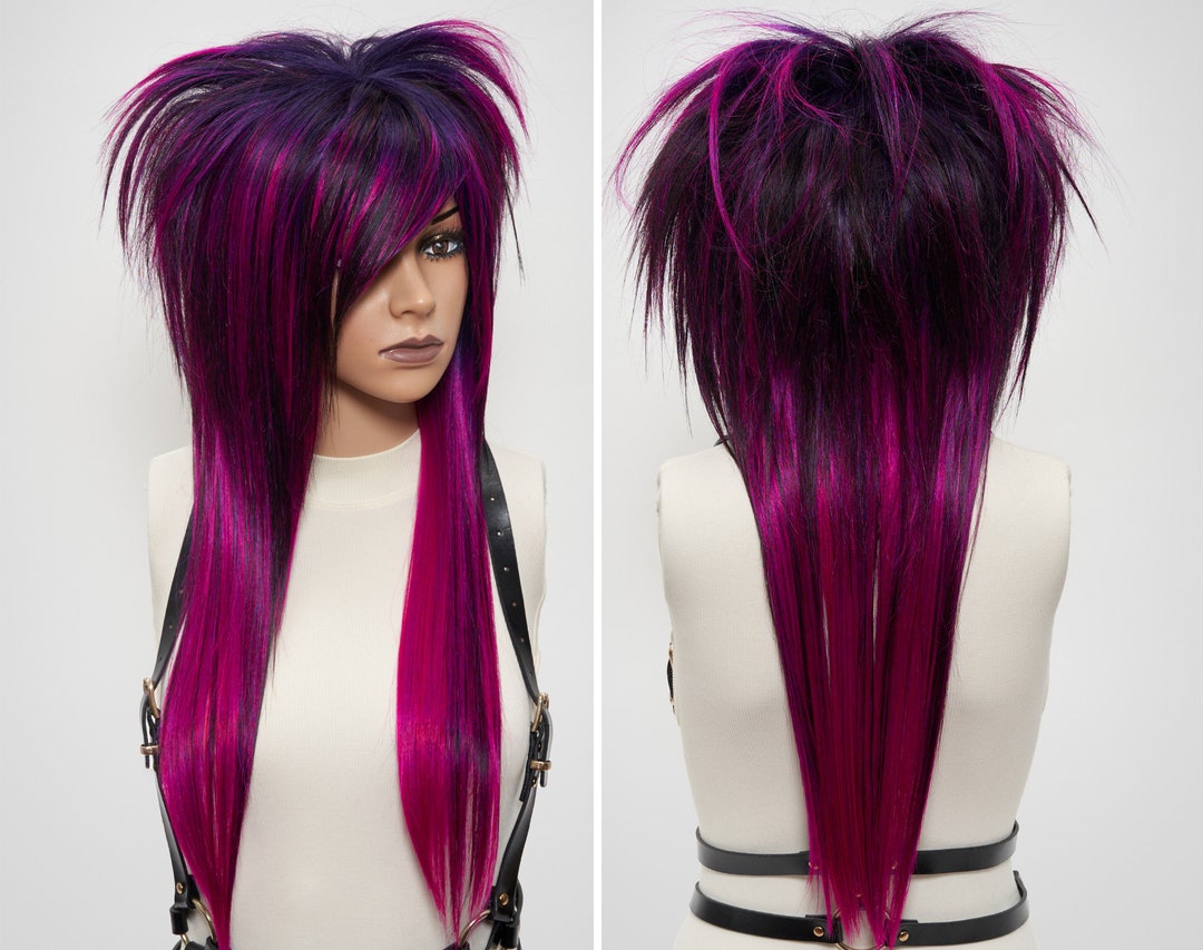 Scene Emo Wig Purple Pink, 360 Beehive Wig Side Bang Fringe, Long Shag ...
