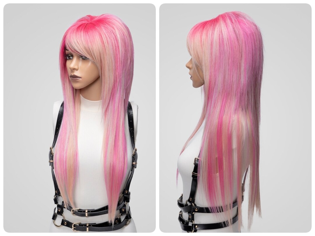Pink Emo Mullet Full Density Wigs With Bangs Unisex Styled Scene Edgy ...