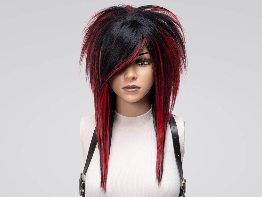 Emo Wig Scene Kid, Black Wig Red, Medium Length Wig Shag, Alternative ...