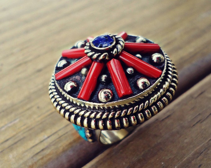 Red Coral Turquoise Ring Tibetan Chakra Ring Bohemian - Etsy