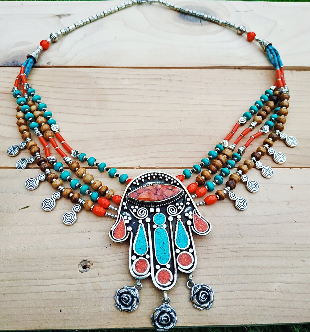 Hamsa Necklace Turquoise Statement Necklace Tibetan Necklace Bohemian ...