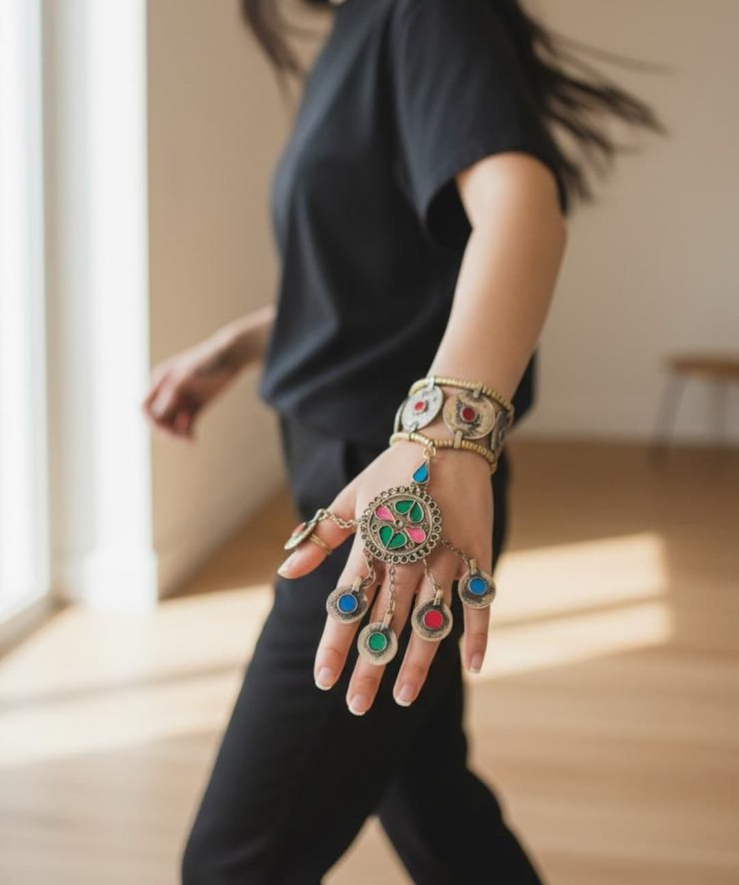 Afghan Kuchi Panja Bracelet With Rings - Tribal Haath Phool- Antique ...