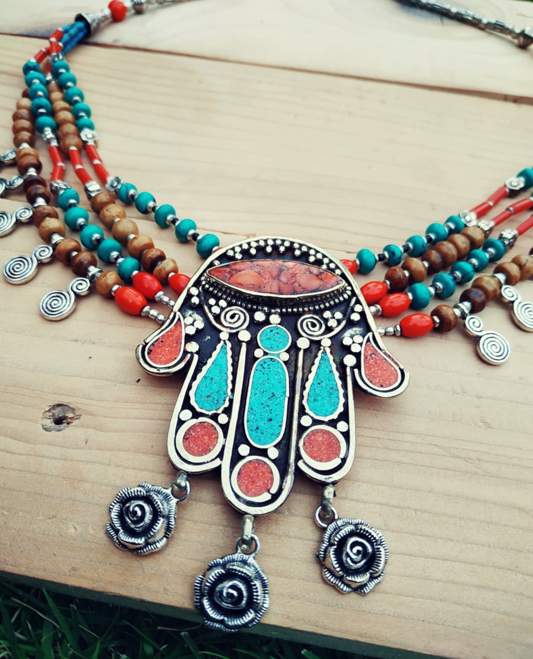 Hamsa Necklace Turquoise Statement Necklace Tibetan - Etsy