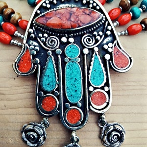 Hamsa Necklace Turquoise Statement Necklace Tibetan Necklace Bohemian ...