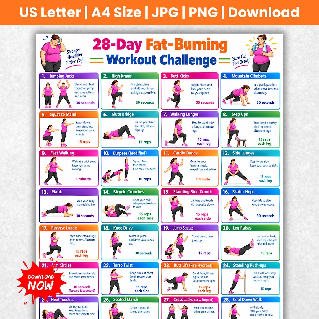 Weight Loss Exercise Chart Printable | Fat Burning Exercise Challenge ...