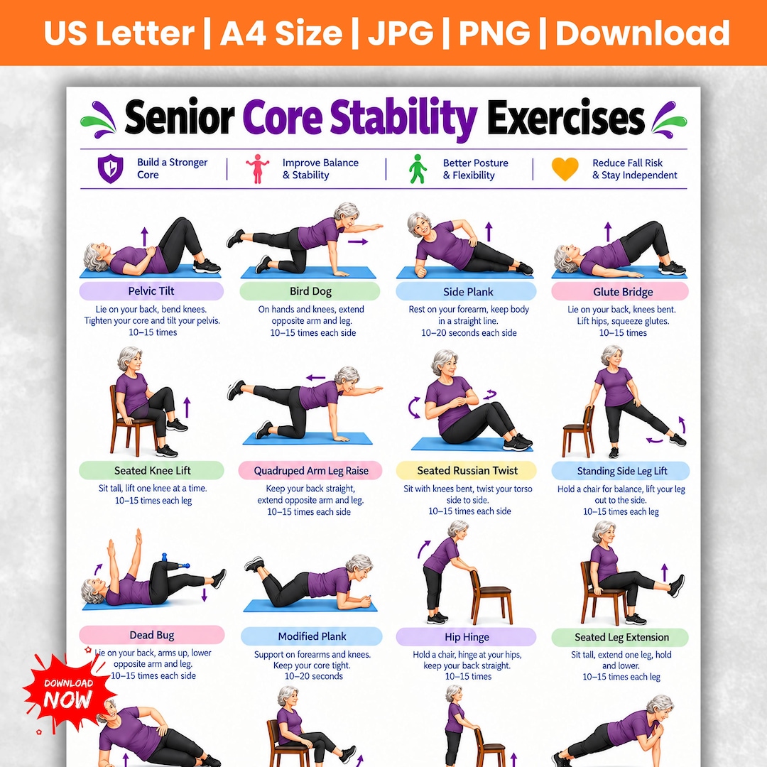 Core Stability Exercises for Seniors Printable, Senior Core Exercises ...