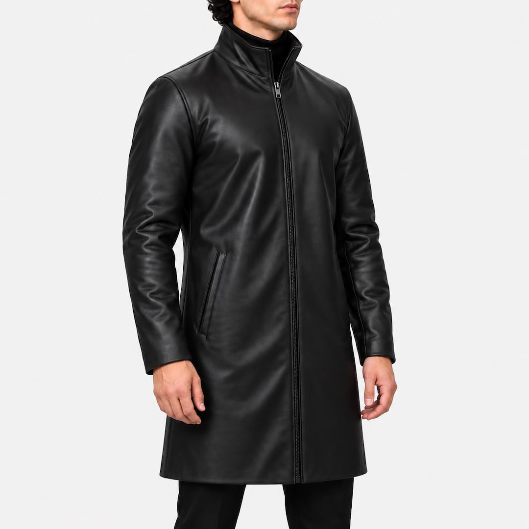 Men's Charcoal Gray Sheep Leather Long Coat, Stand Collar Trench Jacket ...