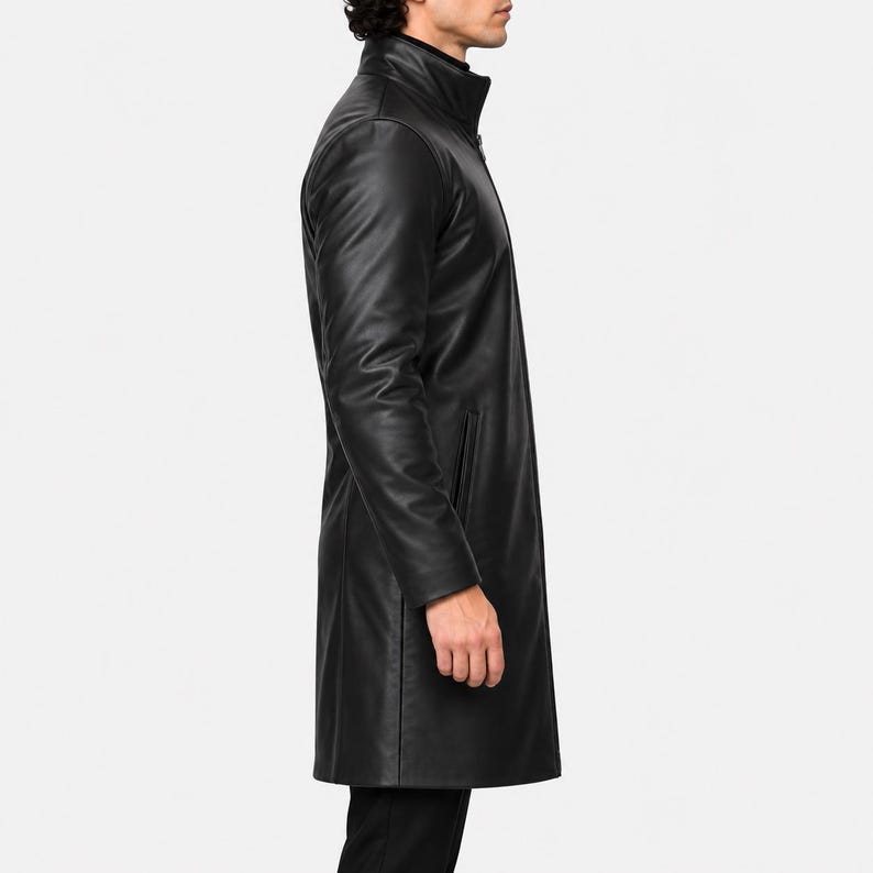 Men's Charcoal Gray Sheep Leather Long Coat, Stand Collar Trench Jacket ...