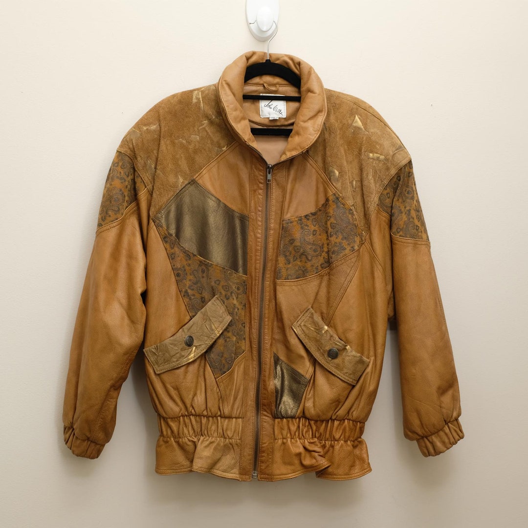 1980s Vintage John Weitz Tan Leather Jacket Patchwork S - Etsy