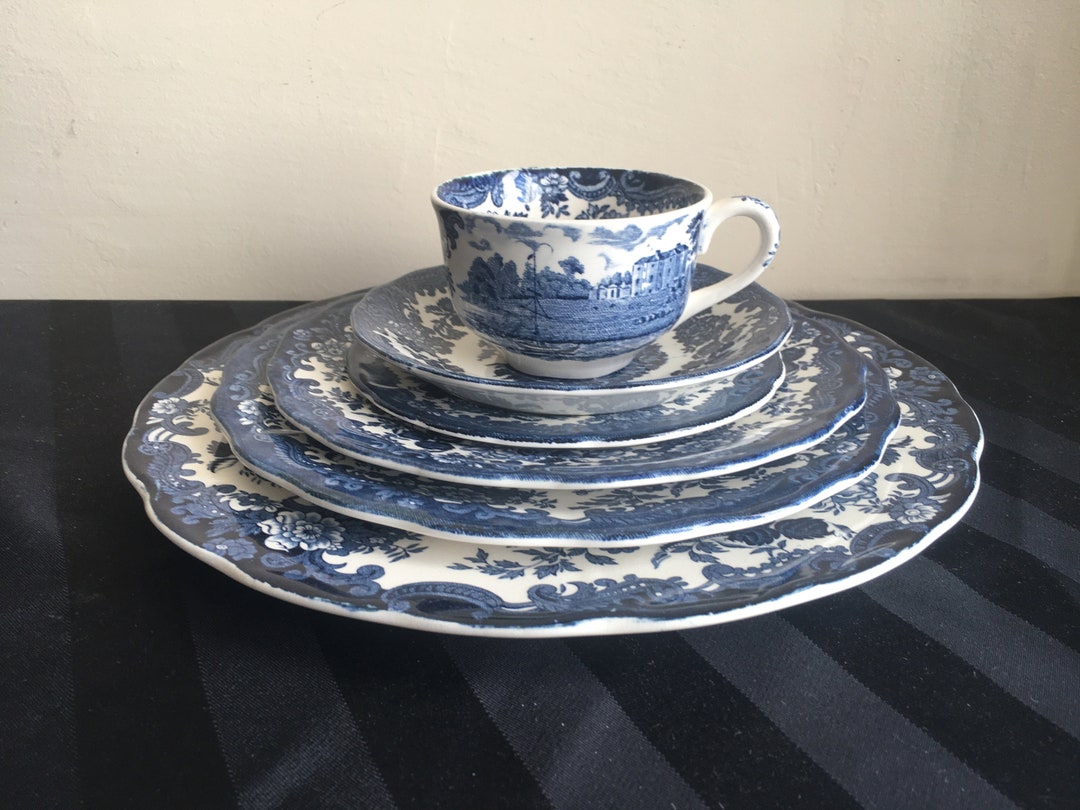 Vtg Royal WORCESTER AVON Scenes PALISSY Blue & White 6 Pcs Place ...