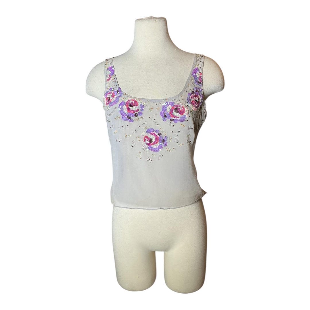 Vintage Y2K Silk Embroidered Sequin Cropped Tank Top - Etsy