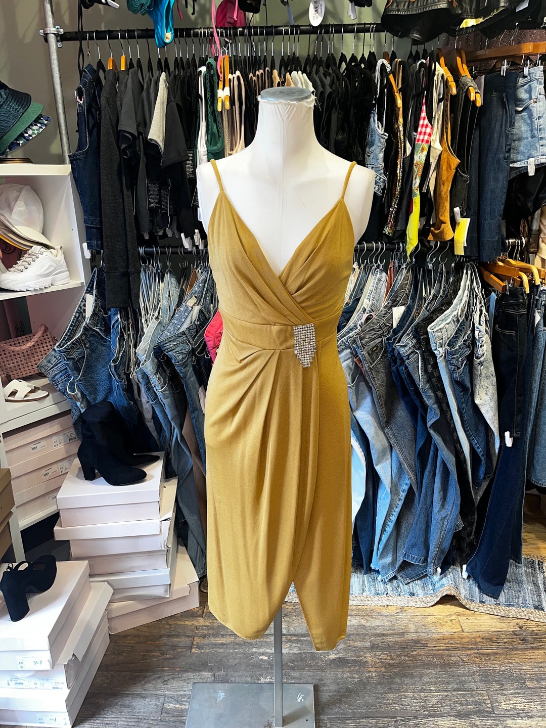 Vintage 70s Golden Wrap Disco Midi Dress - Etsy