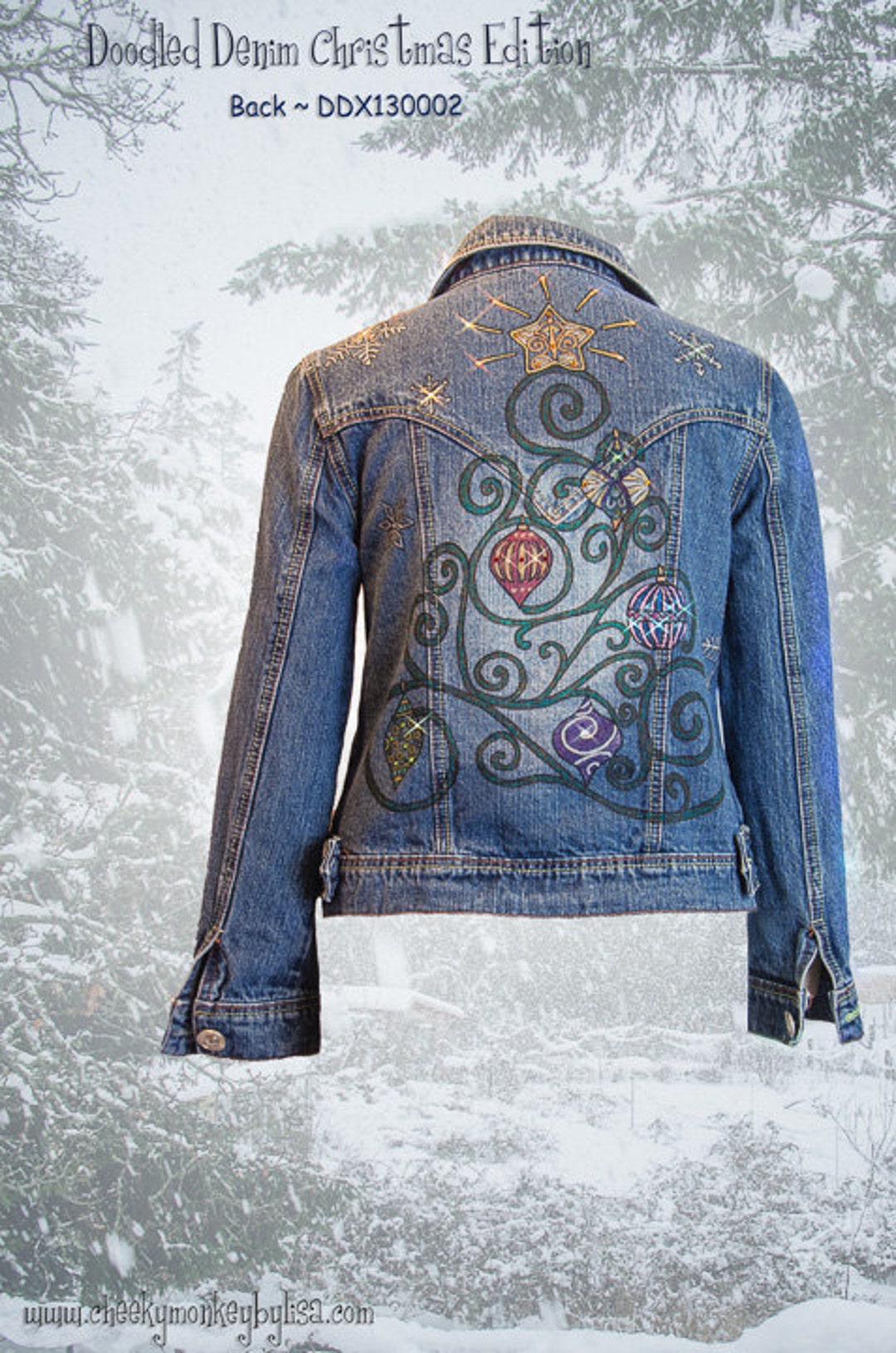 Christmas Denim Jacket, Hand Drawn Jean Jacket, Swarovski Crystal Art ...