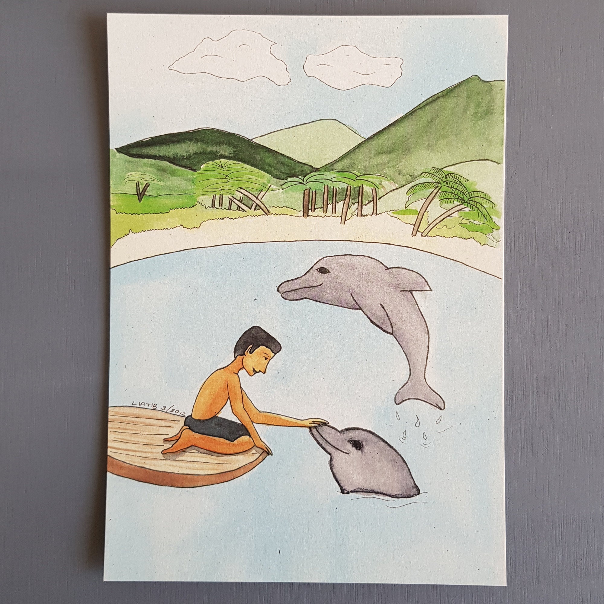Dolphins and a Boy Illustration Watercolor A5 Drawing Printed - Etsy