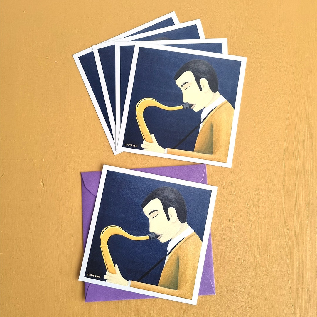 Set of 5 Cards Saxophone Player Illustrated Greeting Card Great Music ...