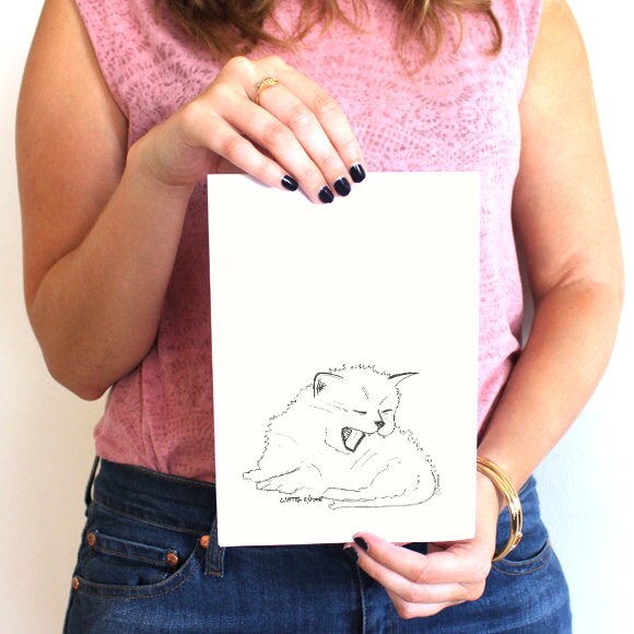 Shouting Kitten Sketch, Black and White Illustration Print on A5 Paper ...