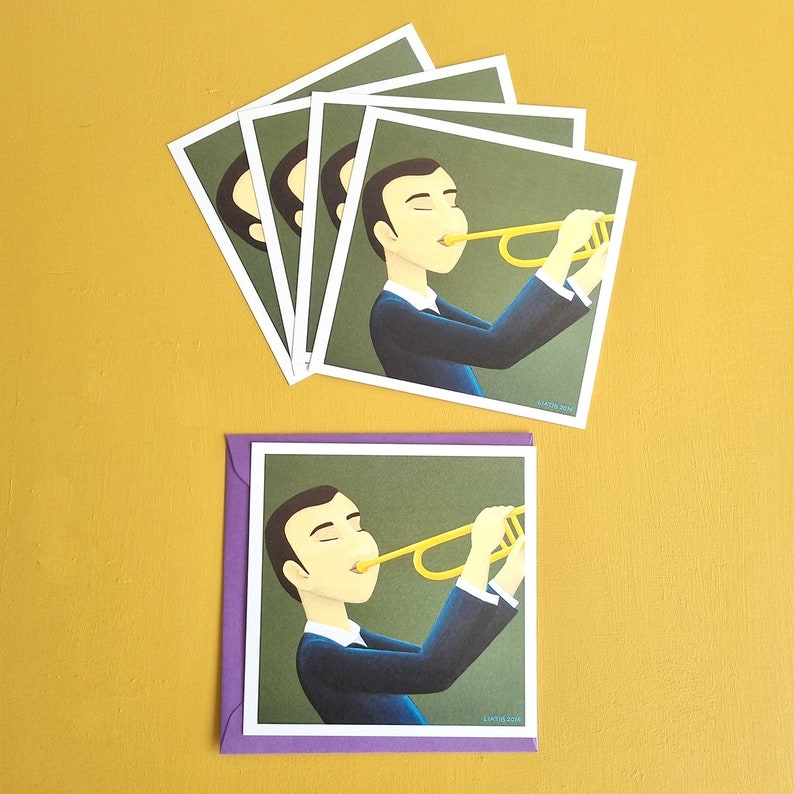 Set of 5 Cards of Trumpet Player Illustrated Greeting Card Great Music ...