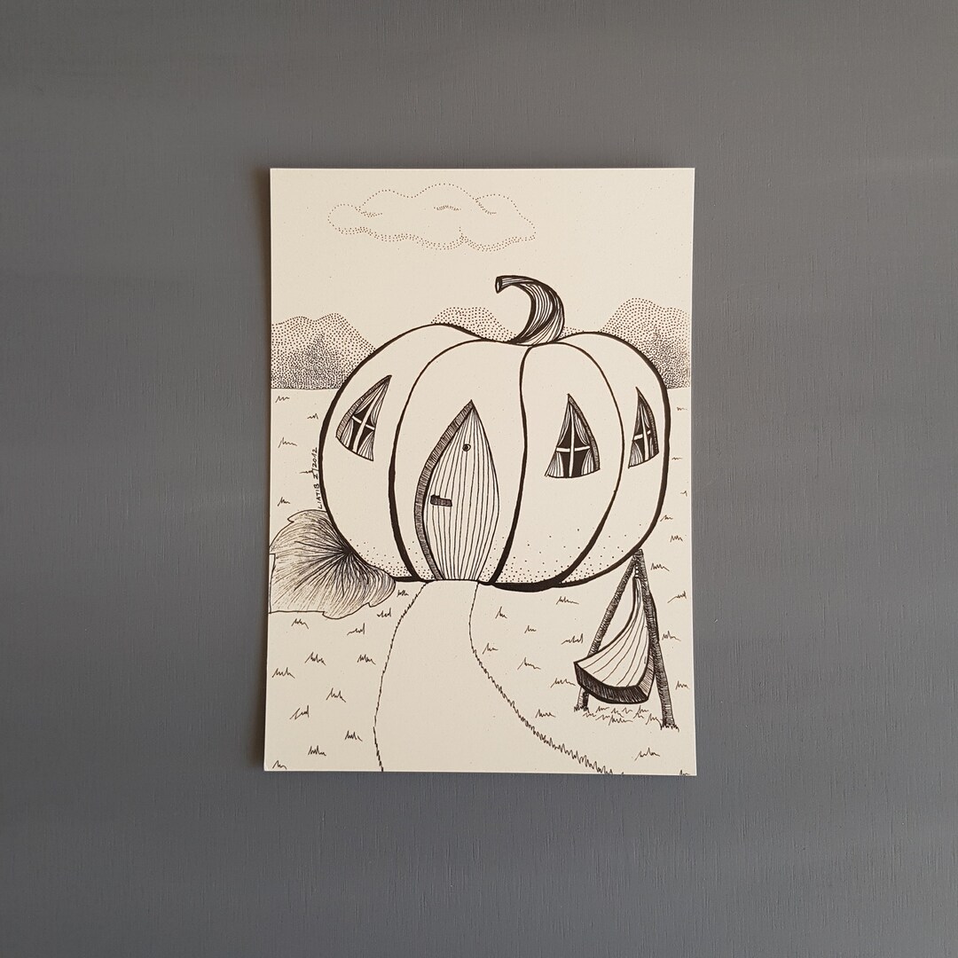 Pumpkin House Illustration Black and White A5 Drawing Giclee Print on ...