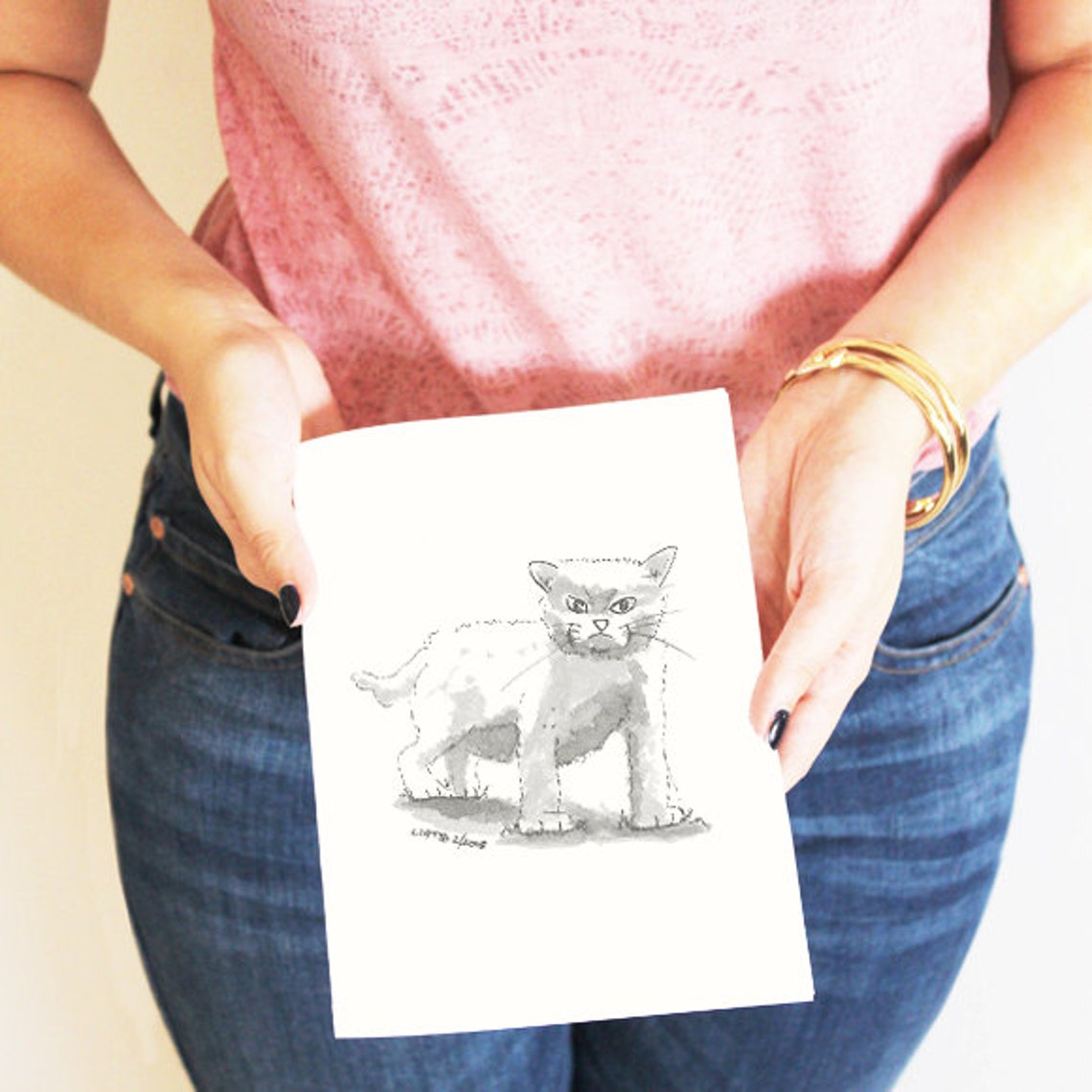 Standing Kitten Drawing , Black and White A5 Illustration Print on ...