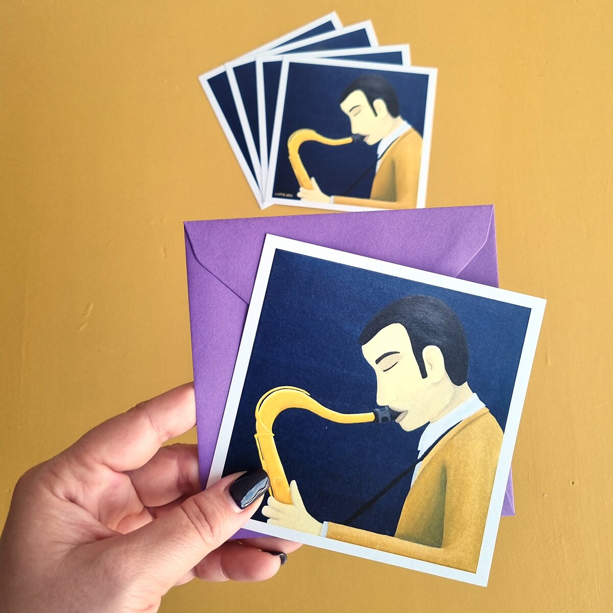 Set of 5 Cards Saxophone Player Illustrated Greeting Card Great Music ...
