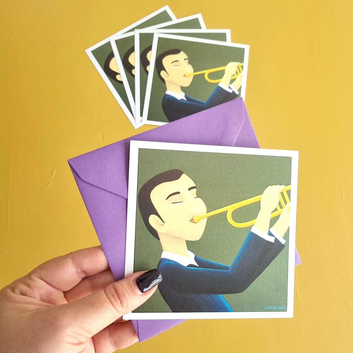 Set of 5 Cards of Trumpet Player Illustrated Greeting Card Great Music ...