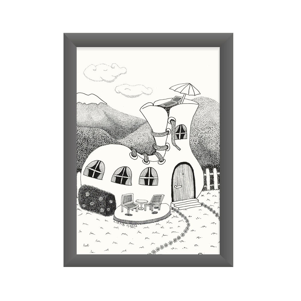 Shoe House Illustration , Black and White A5 Drawing Print on Paper ...