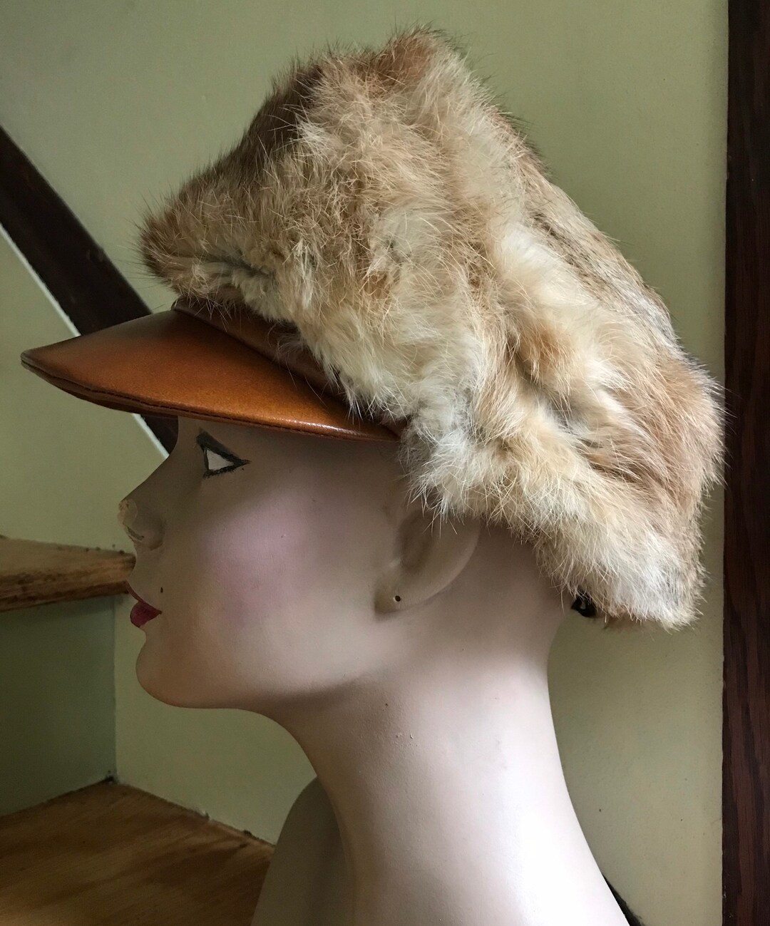 1960s Brown Rabbit Fur Cap With Pleather Bill - Etsy