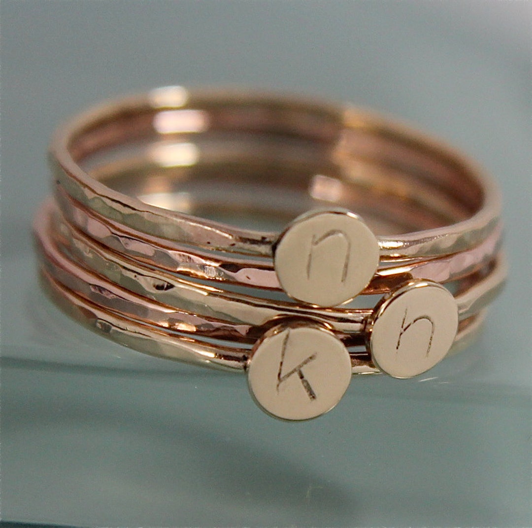 Letter Ring Stack 14k Solid Gold 3 Tiny Dot 2 Simple Bands Gold Sparkly ...