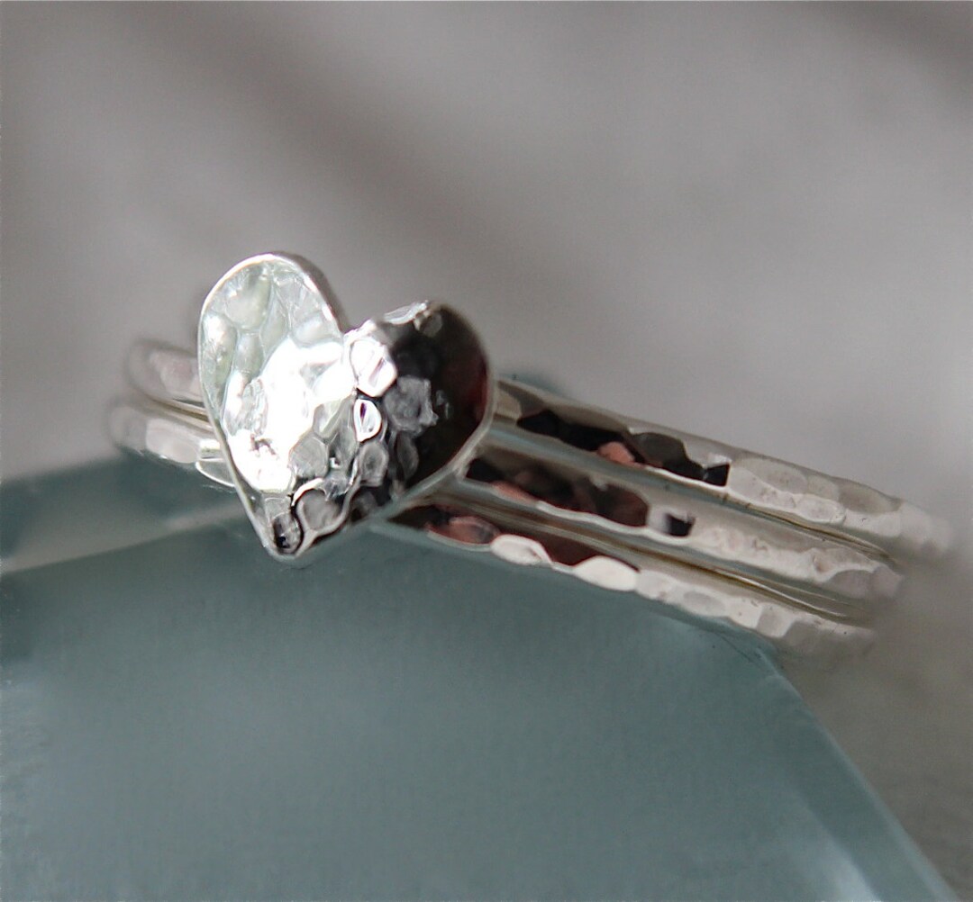 Rustic Heart Ring Hammered Band Set of Three Sterling Silver Hand Cut ...