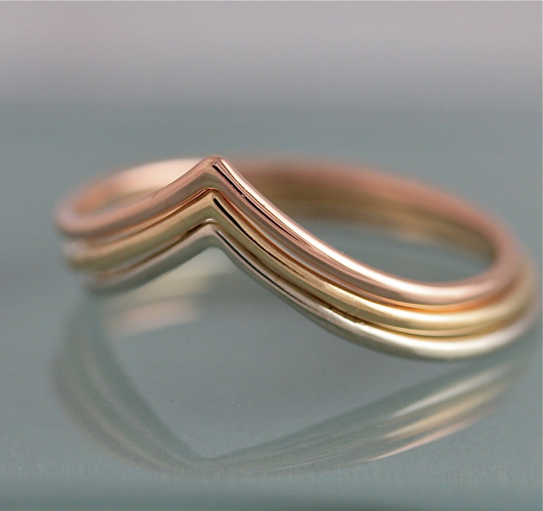 Chevron Wave Ring 14k SOLID Tri Color Gold Stacking Band Set of 3 Ring ...