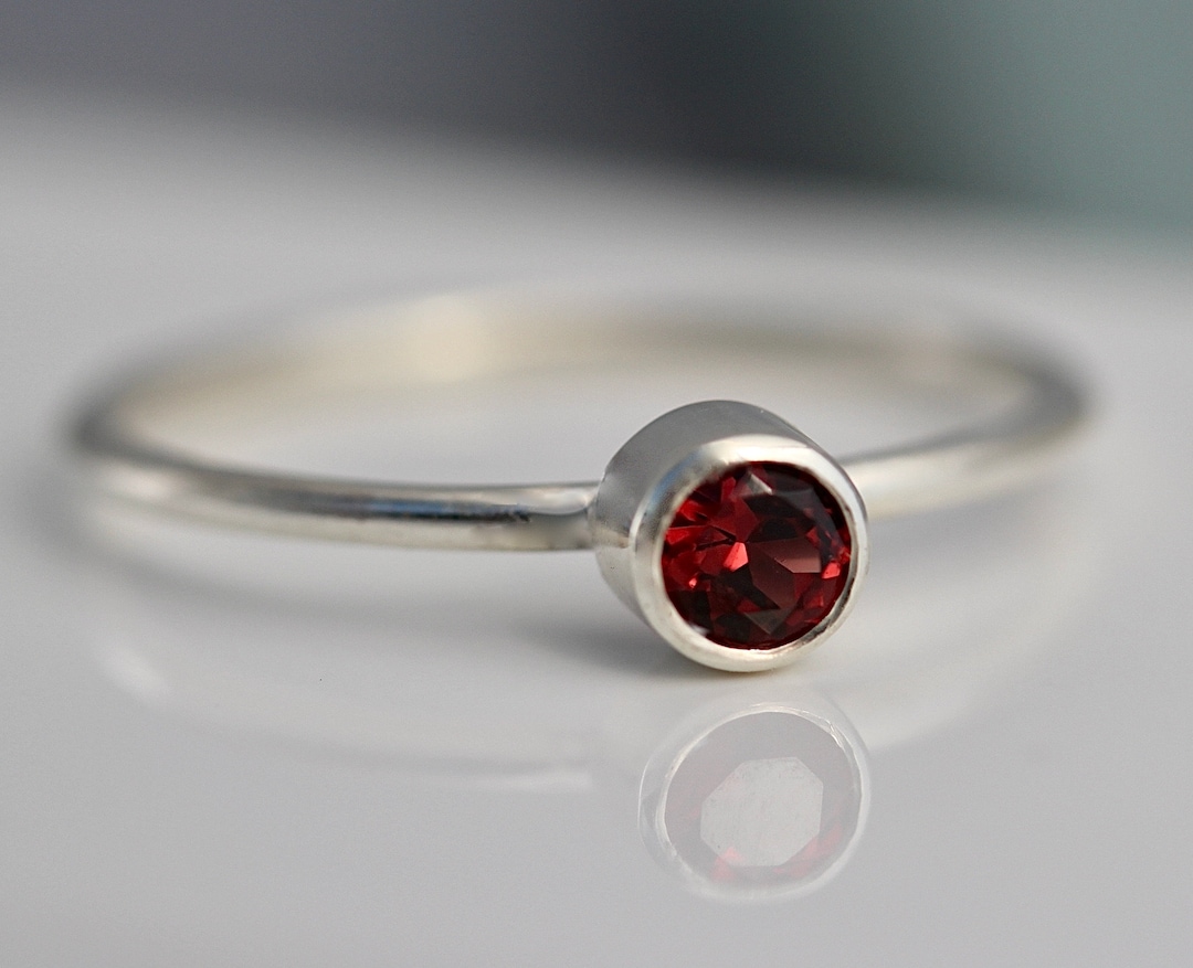 January Birthstone Ring Garnet Sterling Silver 1.3mm Band 4mm Gemstone ...