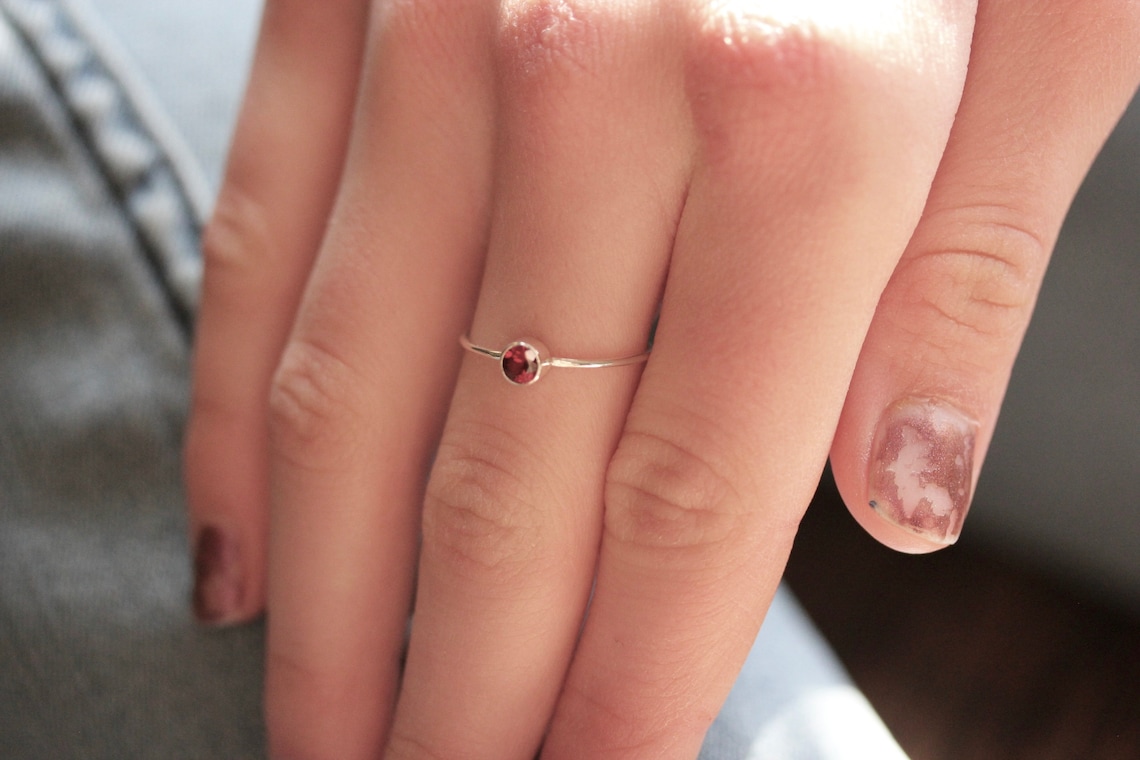 January Birthstone Ring Garnet Sterling Silver 1mm Band 4mm | Etsy