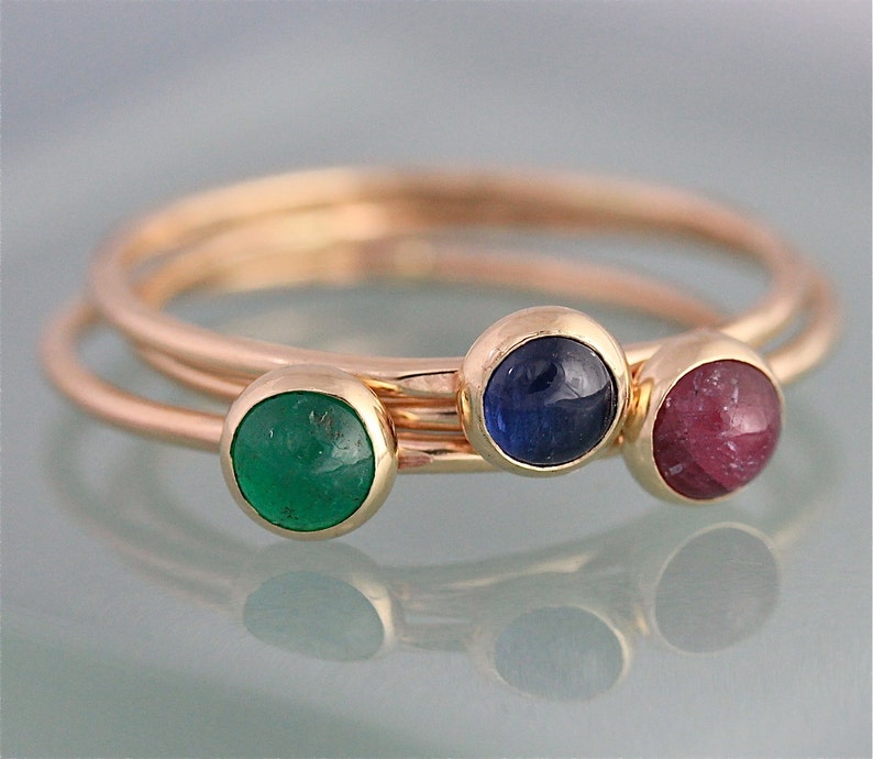 14k Emerald Sapphire And Ruby Stack Rings Solid Yellow Gold Etsy