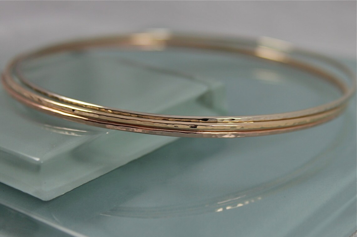 Solid Gold Bangle Set of Three 3 SOLID 14k Gold Sparkle - Etsy