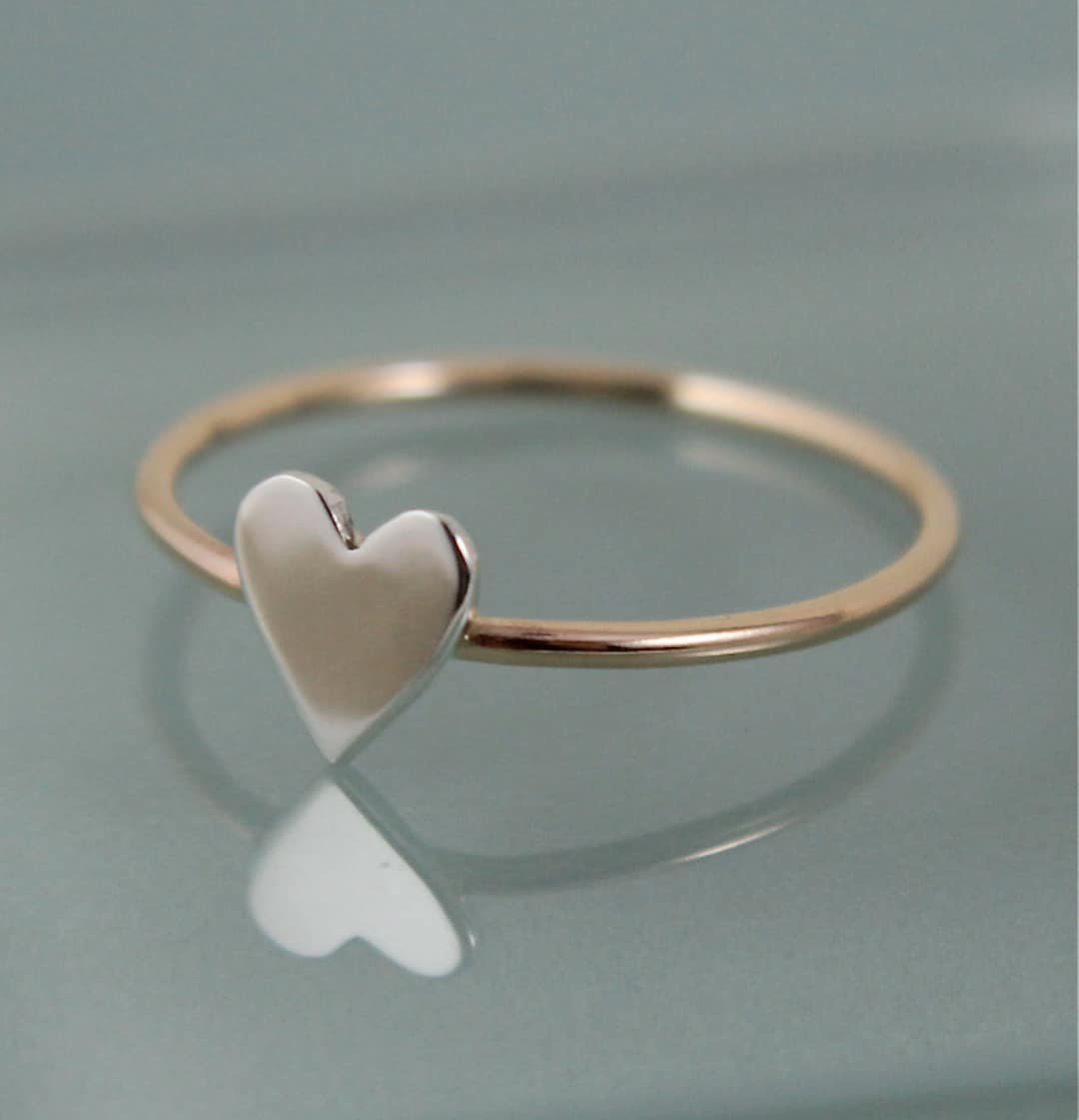 Tiny Heart Ring 14k SOLID Gold 1mm Band With Sterling Silver Hand Cut ...