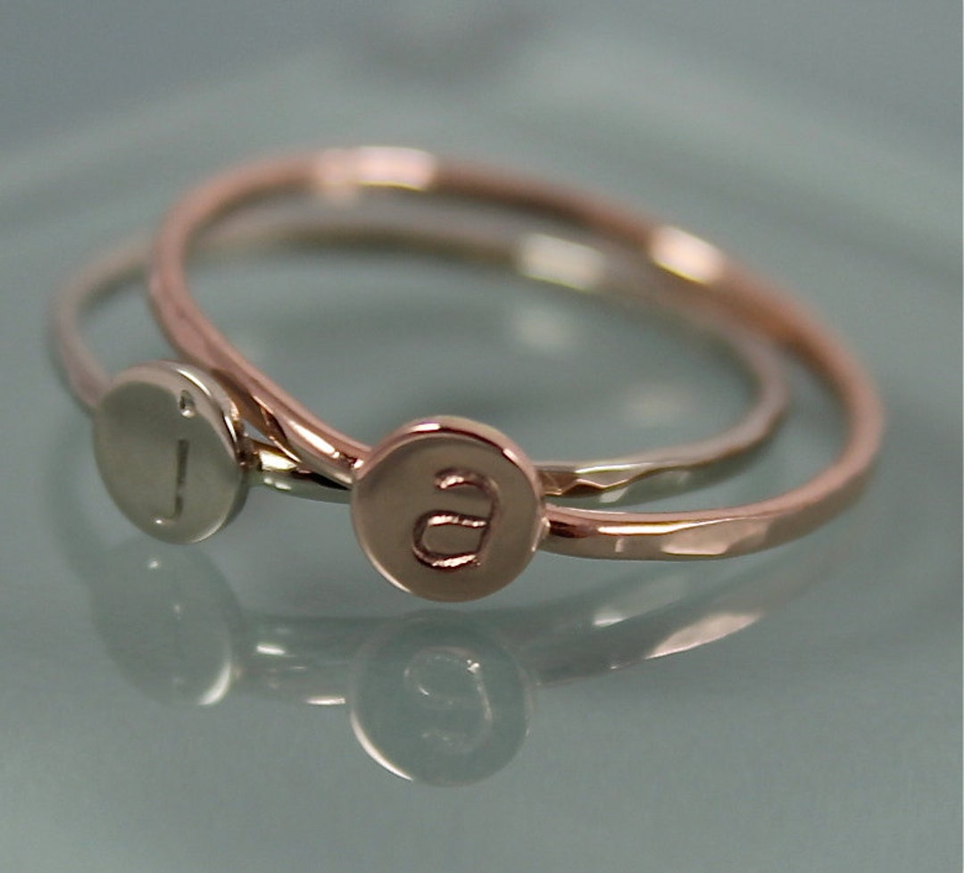 Personalized Gold Letter Rings PAIR of 2 Tiny Dot Ring SOLID 14k Gold ...