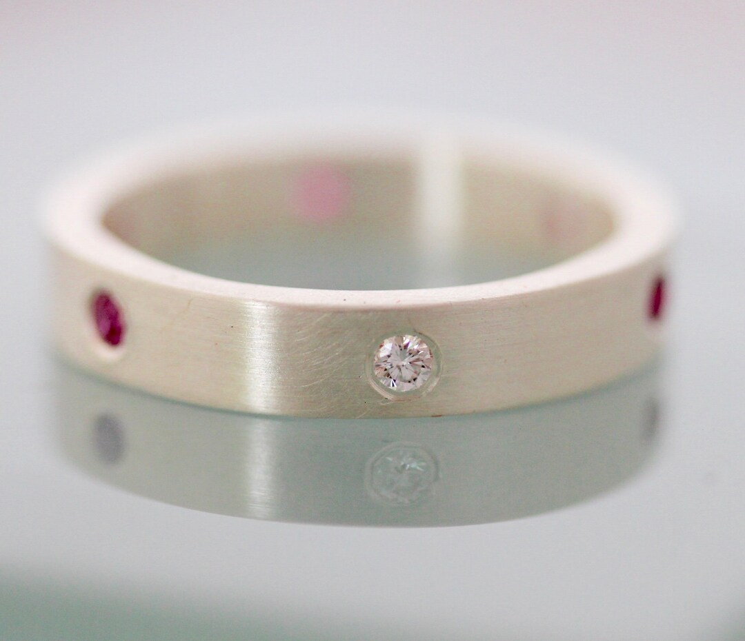 Ruby and Diamond Wedding Ring Sterling Silver 4mm Wide X 2mm Gemstone ...