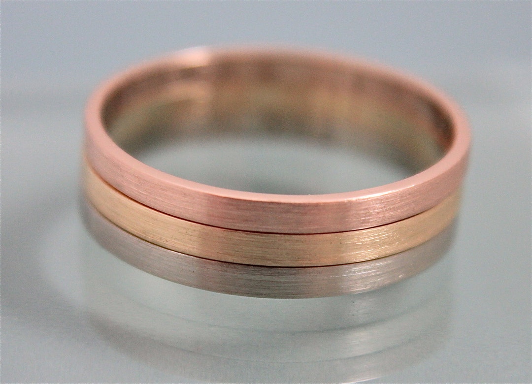 Tri Color Wedding Rings Set of 3 - 2mm Brushed 14k Solid Yellow Rose ...